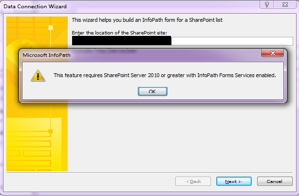 Microsoft InfoPath need SharePoint server 2010 or greater with InfoPath Services enabled ...